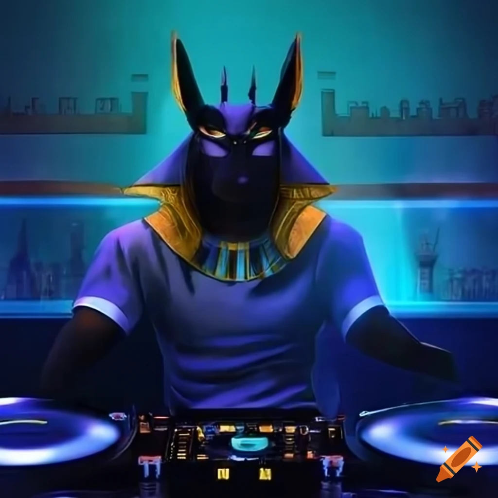 Anubis statue behind a dj booth