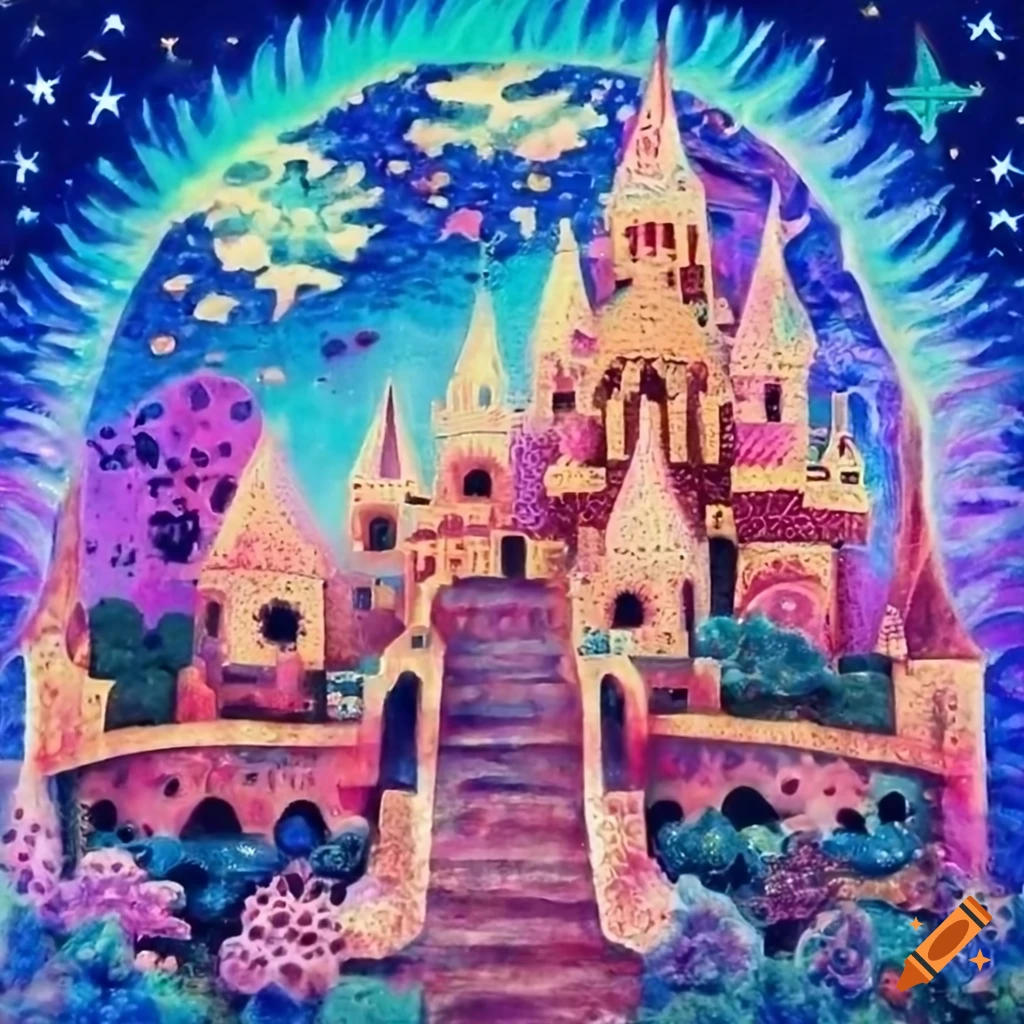 Colorful vintage fantasy castle quilt design on Craiyon