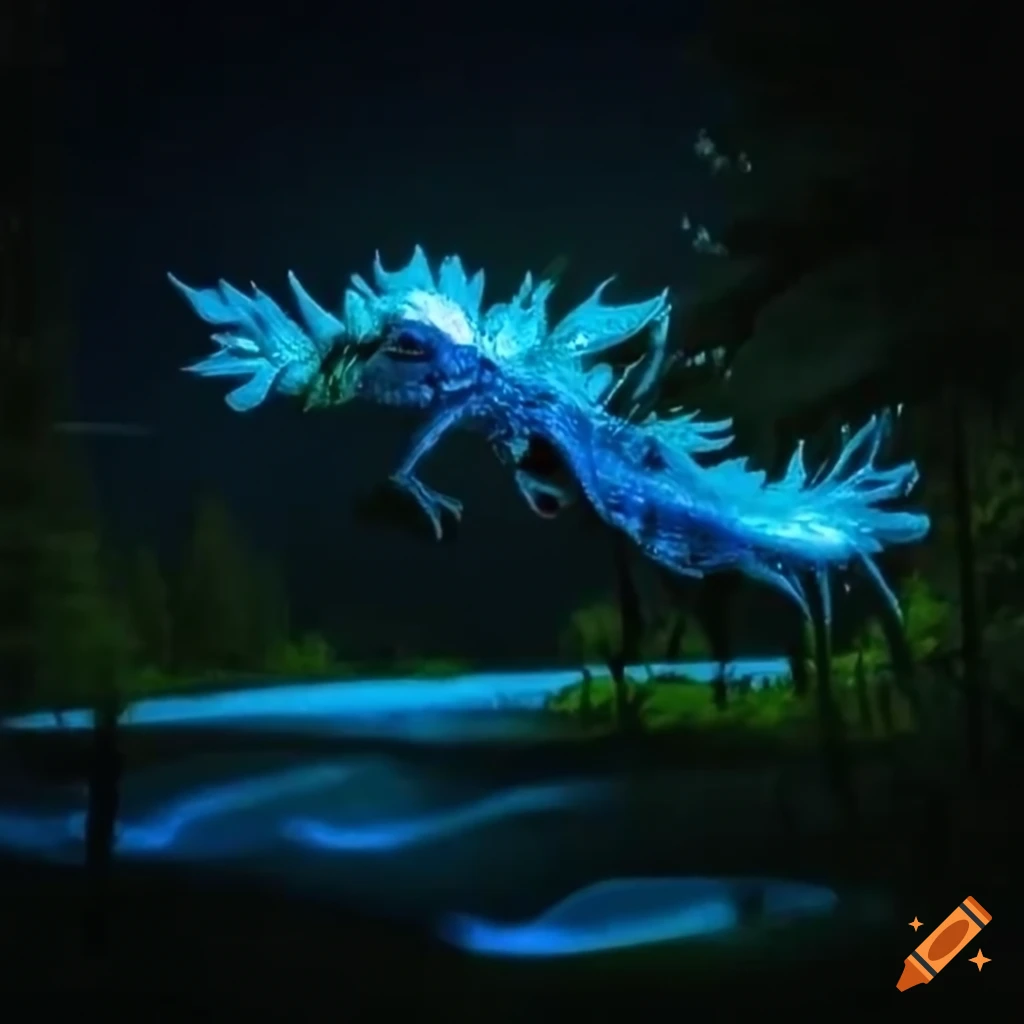 Fantasy illustration of a glowing alien lizard moose in a forest on Craiyon