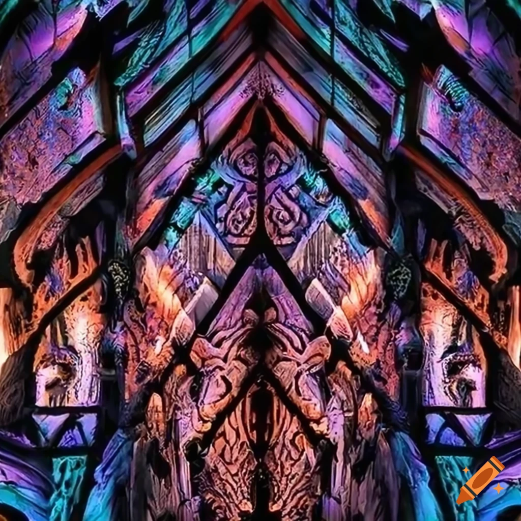 Detailed woven light beam artwork with werewolf motif