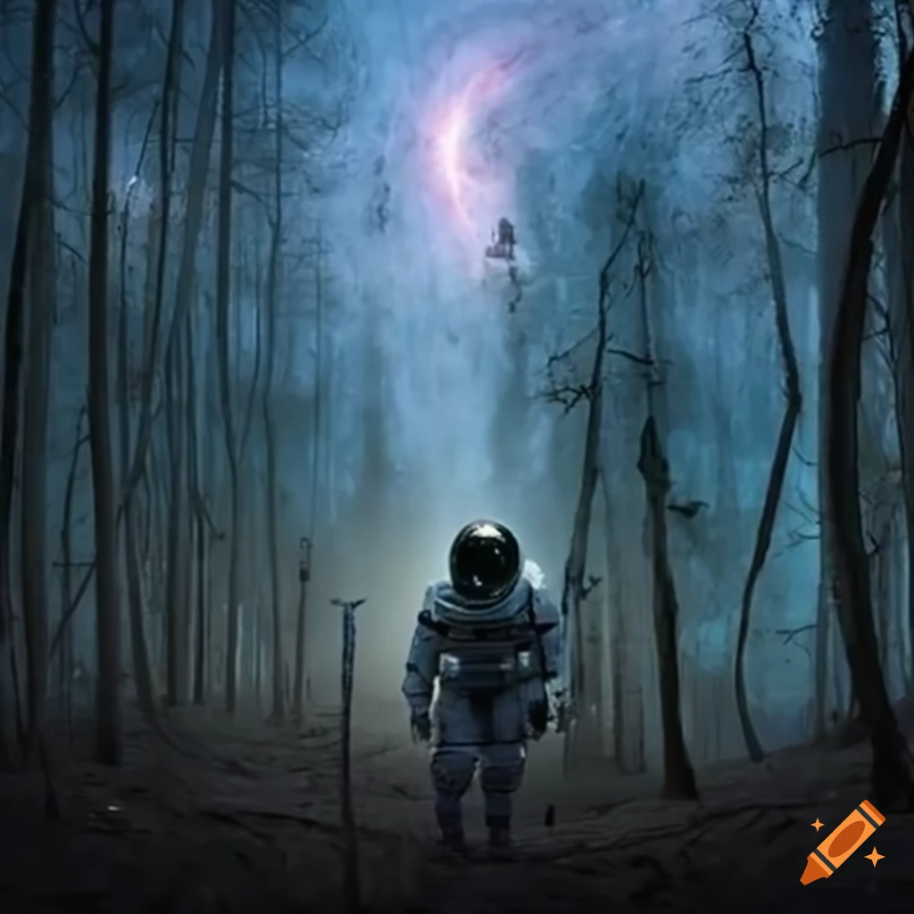 Intricate hyper-realistic modern haunted airport with mysterious astronaut in the distance on ...