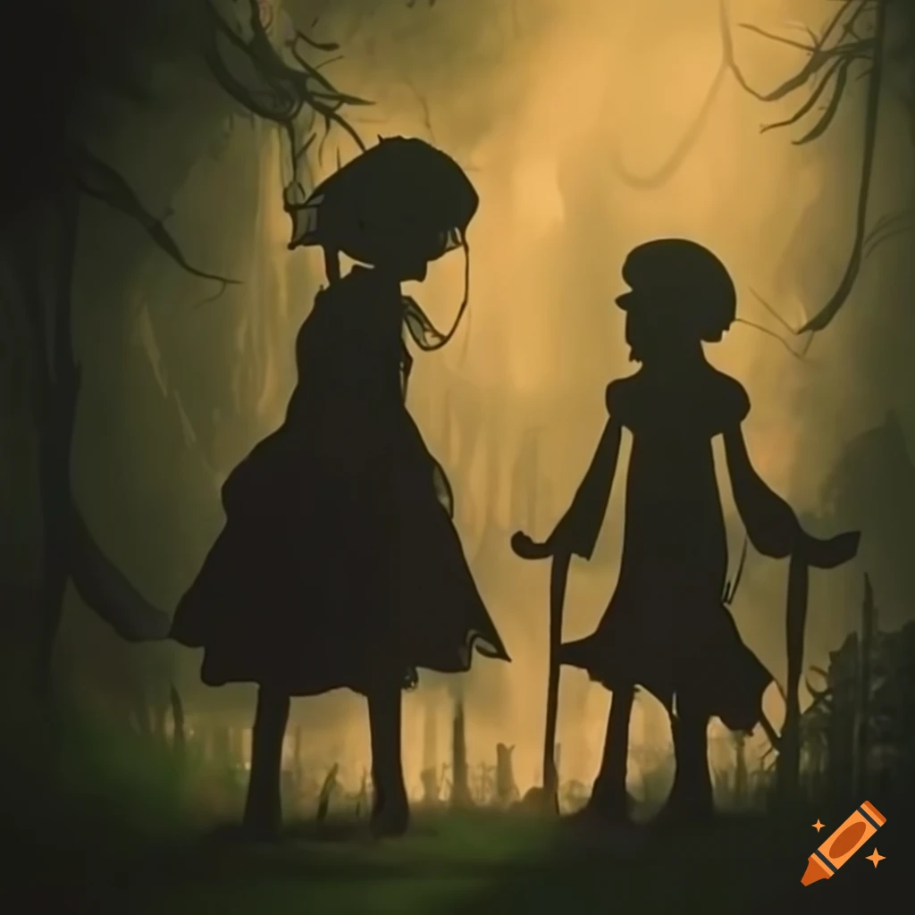 Shadow puppets of Hansel and Gretel in a spooky forest on Craiyon