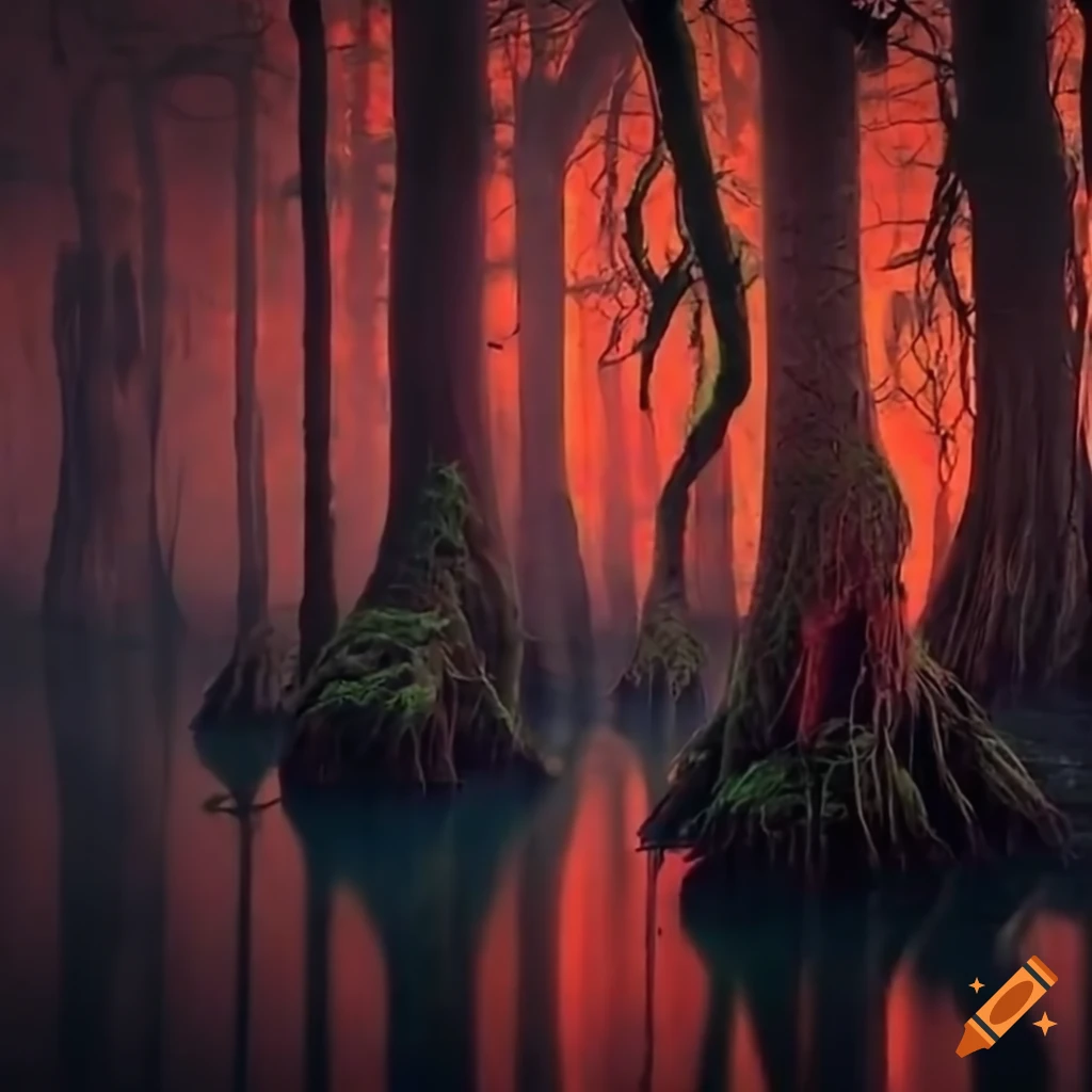 Dark fantasy scene with red swamp and glowing tree roots on Craiyon