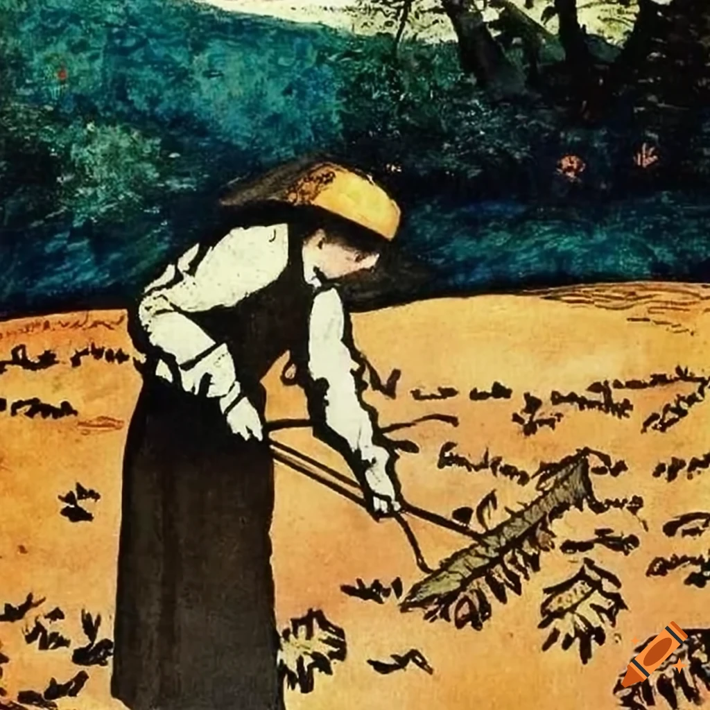 1899 illustration poster of a person raking leaves on Craiyon