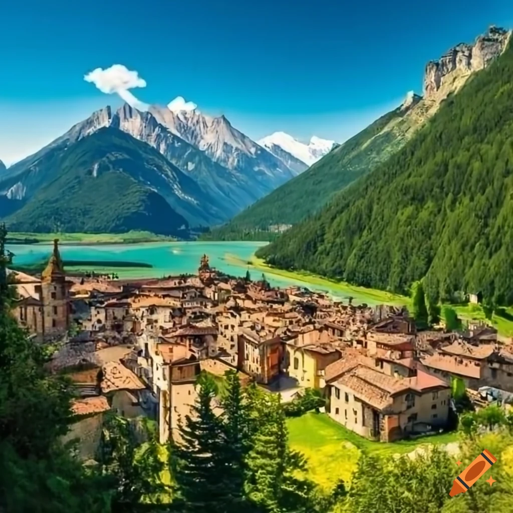 Summer view of italian alps and ancient town