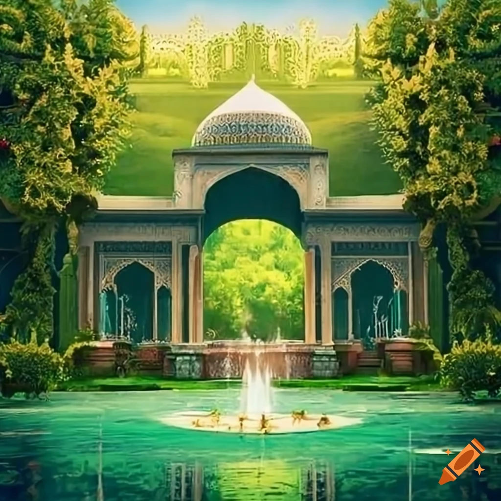 Islamic art in a garden with a pond and gazebo on Craiyon