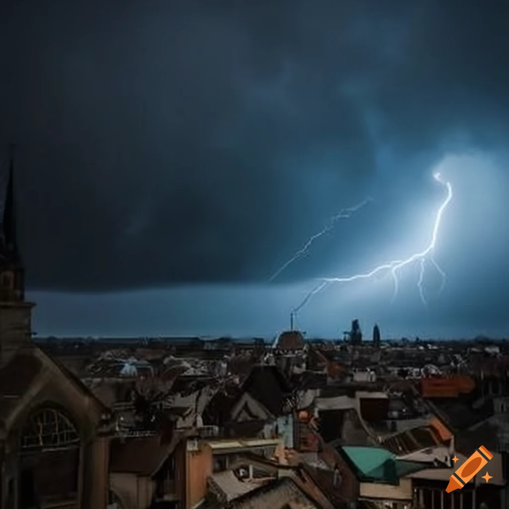 Evil magical storm over a dystopian german city skyline on Craiyon