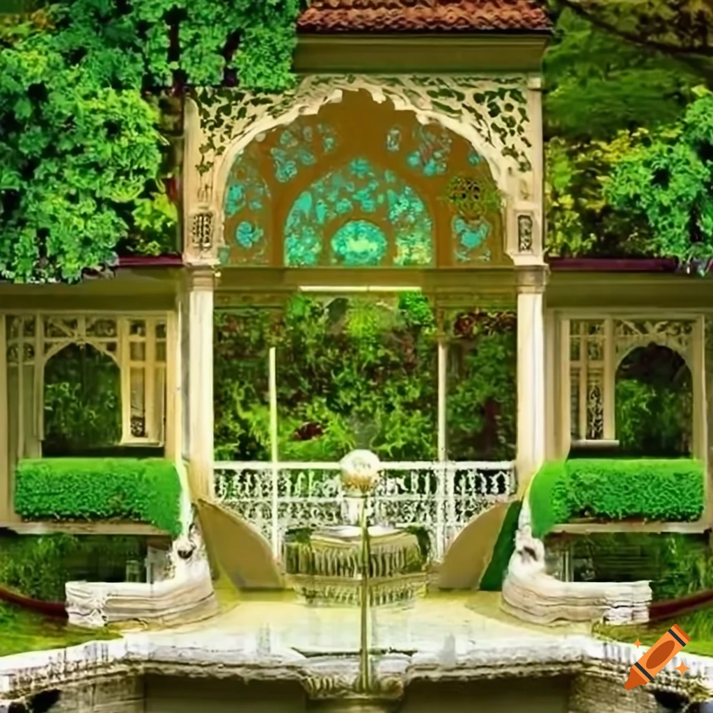Islamic art-inspired garden with a balcony, pond, and gazebo on Craiyon