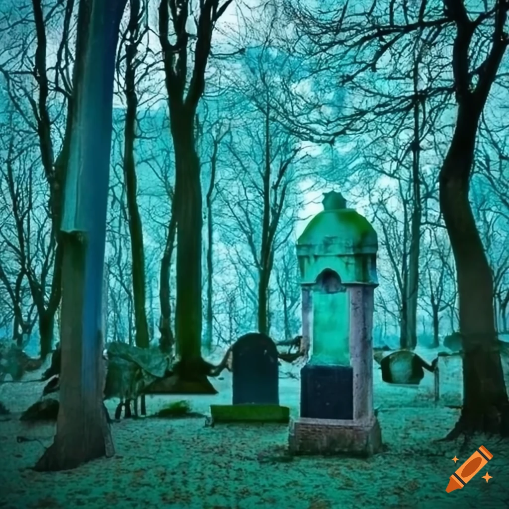 Verdigris green and blue trees with a graveyard