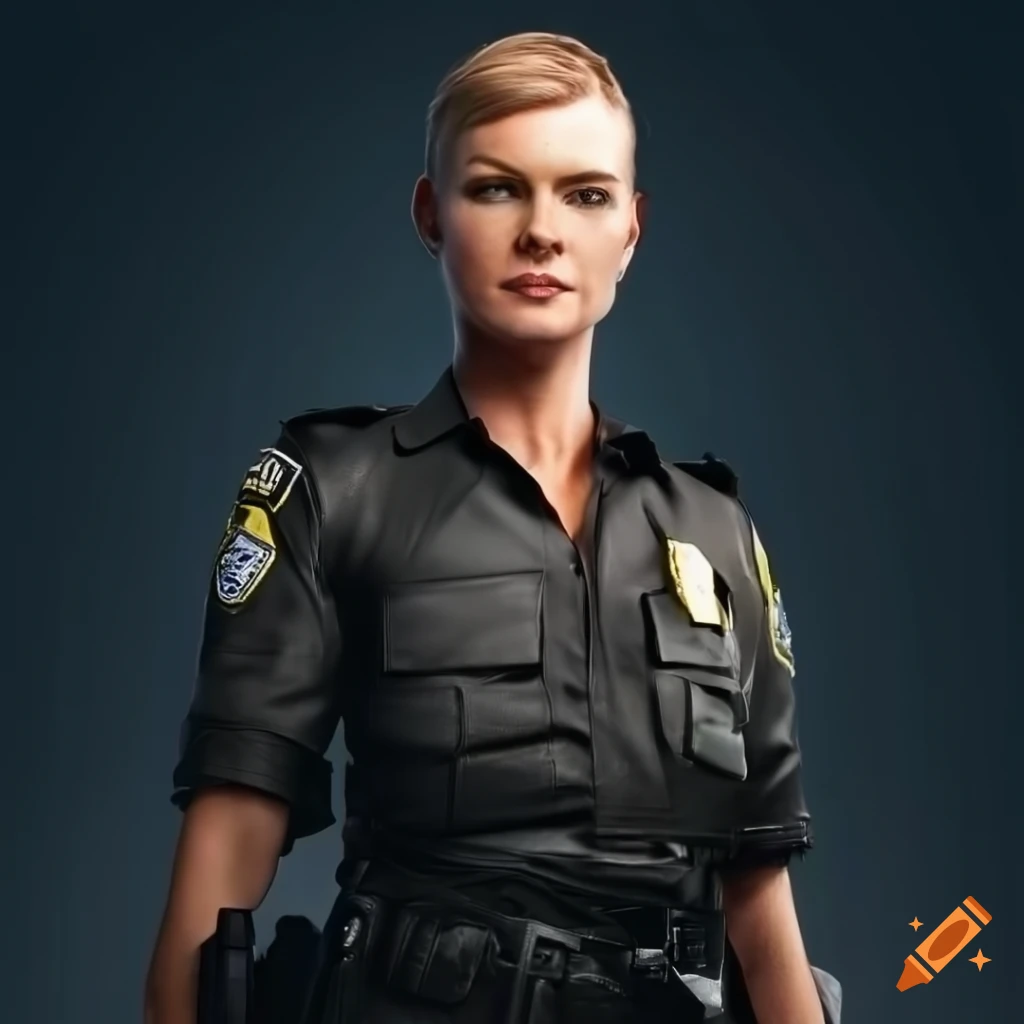 Closeup photograph of policewoman Amy Smart in uniform on Craiyon