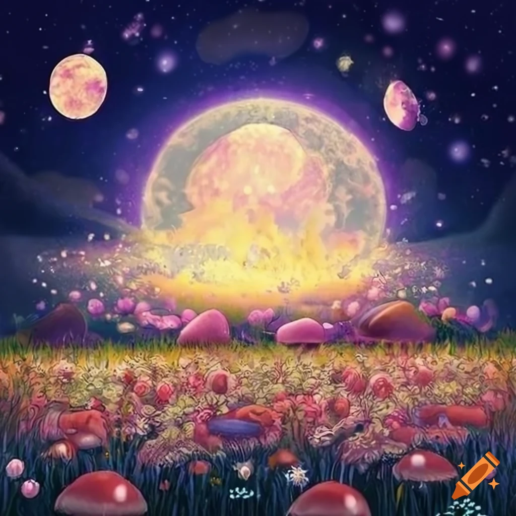 Magical flower field with a genie and mushrooms