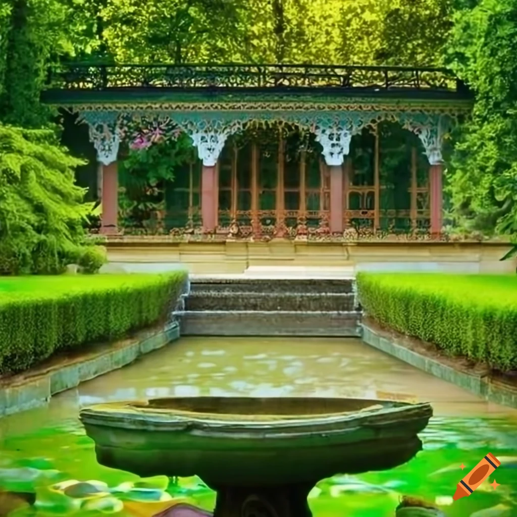 Islamic art-inspired garden with a pond and gazebo on Craiyon