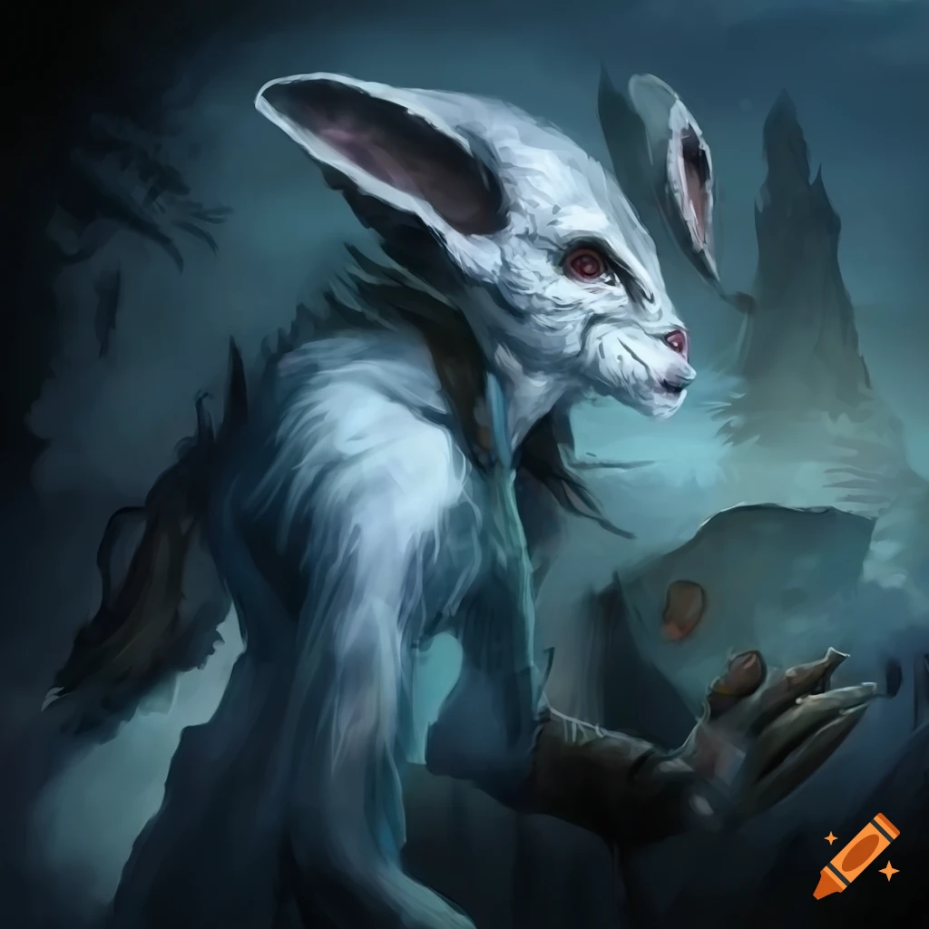 Fantasy art of a white rabbit goblin on Craiyon