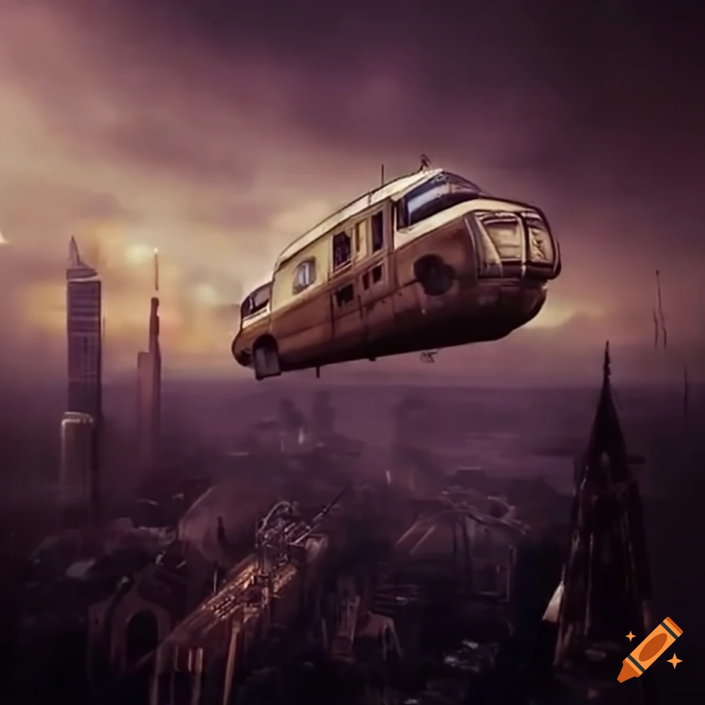Flying van in a post-apocalyptic city on Craiyon