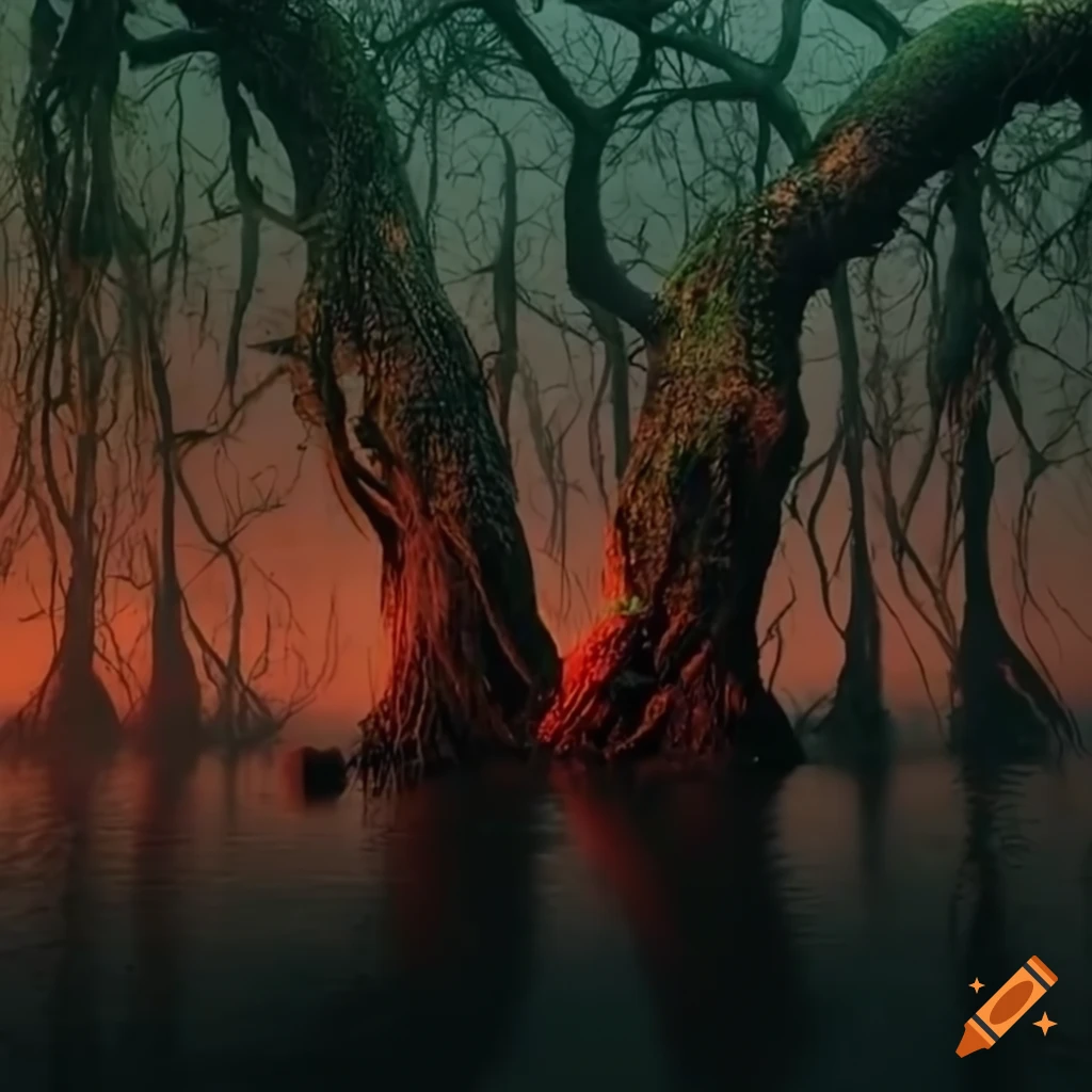 Night scene with glowing roots and vines in a red swamp on Craiyon
