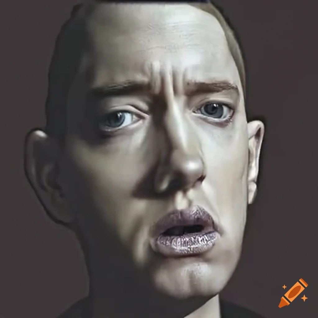 Eminem making a closeup weird face and looking at the camera on Craiyon
