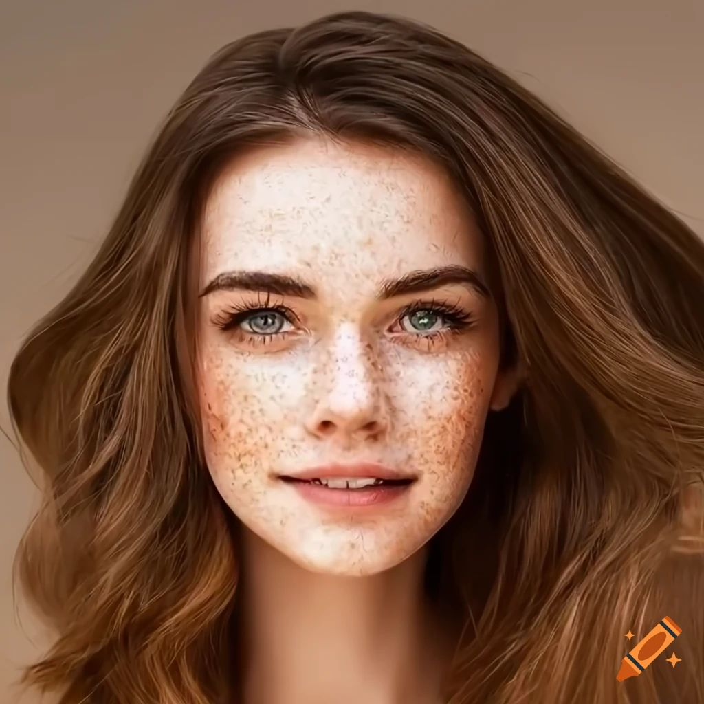 Portrait of a beautiful woman with freckles and brown hair on Craiyon