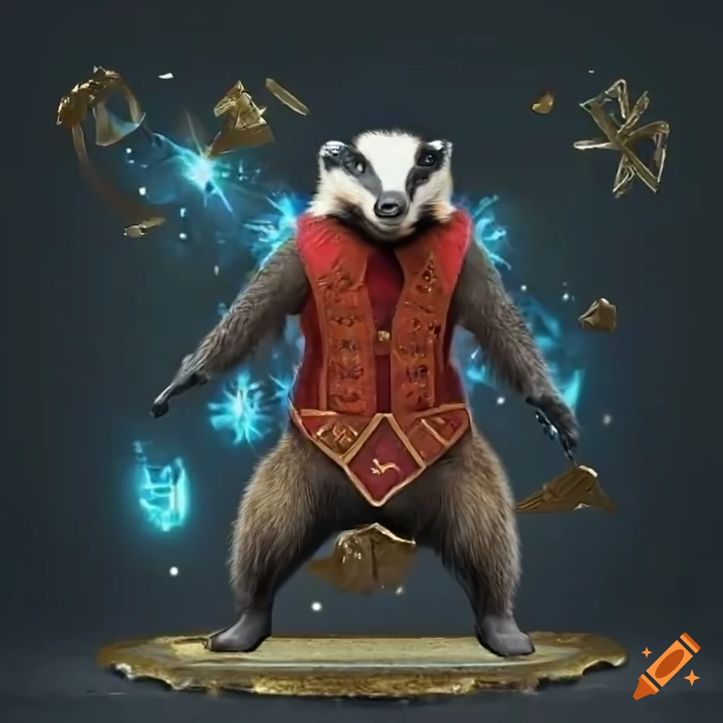 Distinguished human-badger hybrid in a sharp suit standing tall in a ...