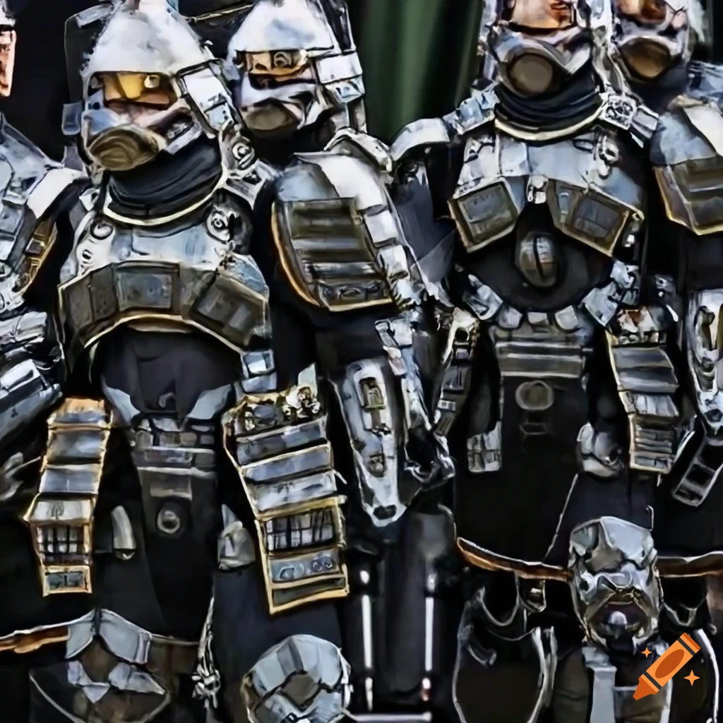 Retrofuturistic sci-fi soldiers in advanced armor in parade rest on Craiyon