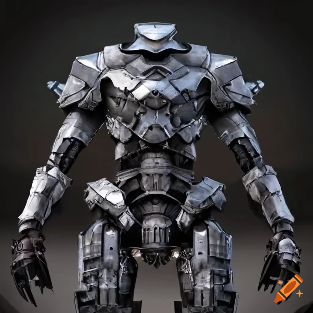 Front view of a medieval gothic power armored mech on Craiyon