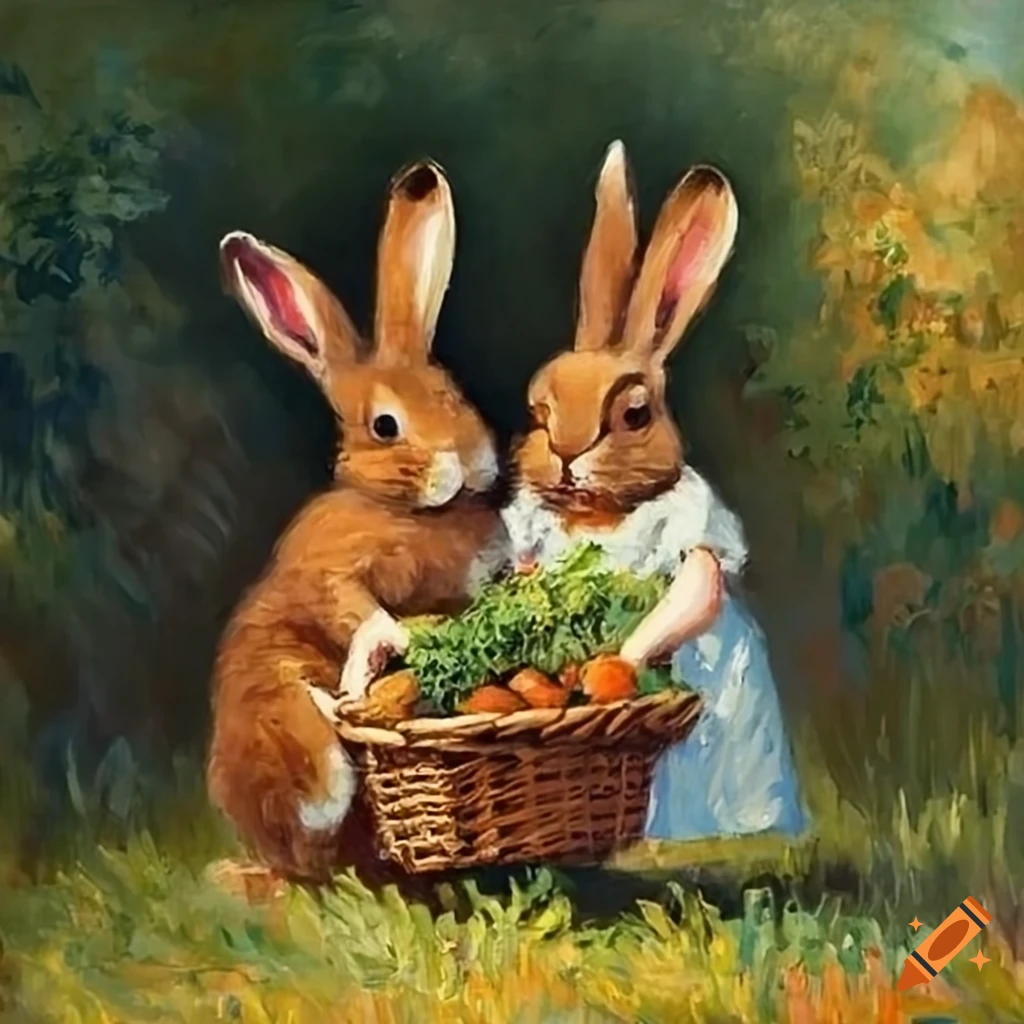Two brown rabbits wearing overalls and a dress with a basket of carrots ...