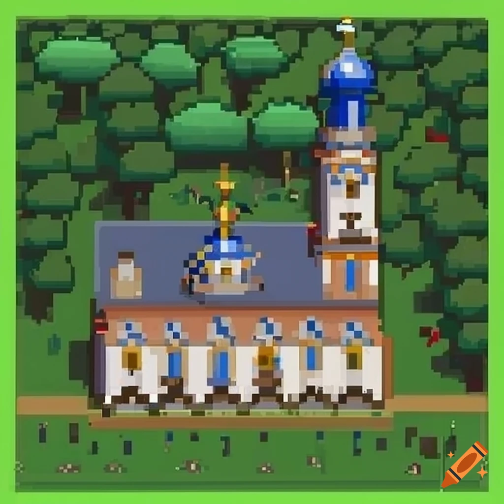 Pixel art of an orthodox church in a forest on Craiyon