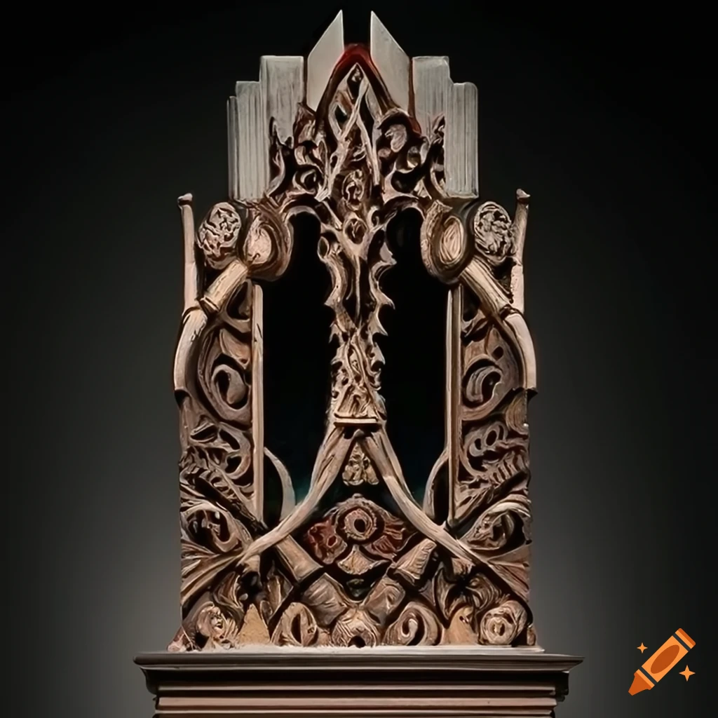 Variegated metal sculpture with architectural stave carving style
