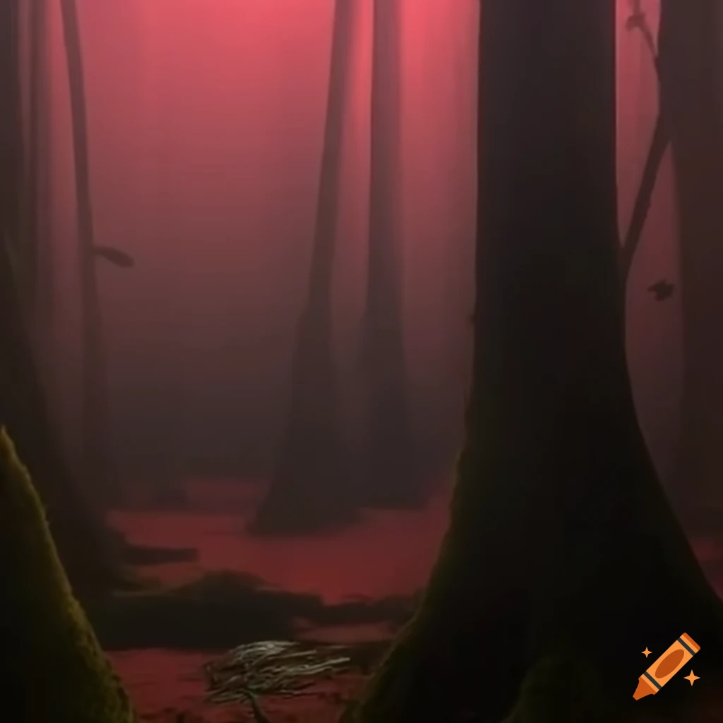 Dark fantasy movie scene with mossy trees and red fog