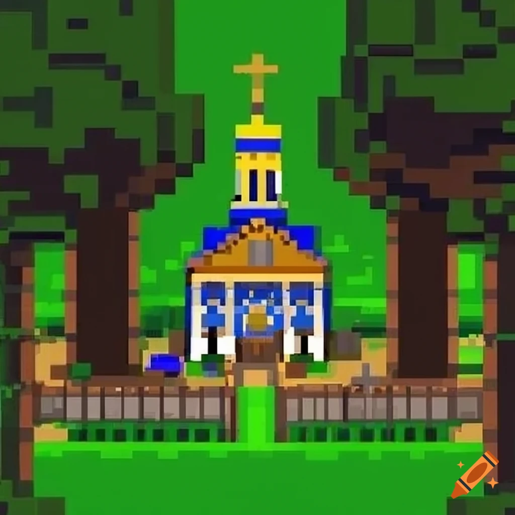 Pixel art of a church in a game setting on Craiyon