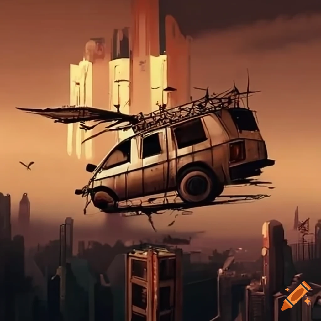 Flying van in a post-apocalyptic cityscape on Craiyon