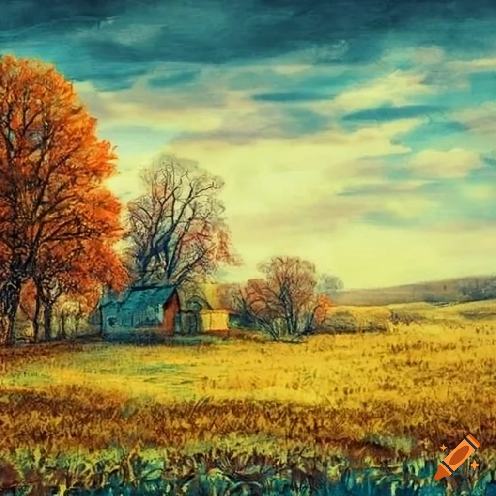 Aerial view of wheat field with poplar trees and old farmhouse on Craiyon