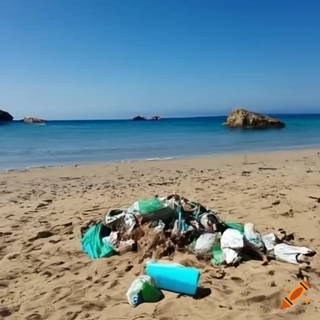 Beach with litter on Craiyon