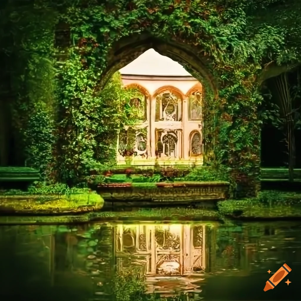 Mausoleum and Islamic art in a garden pond on Craiyon
