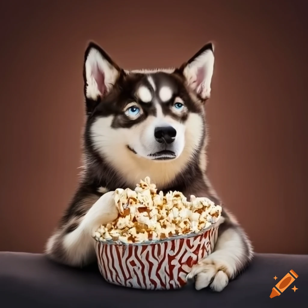 Humorous image of a husky eating popcorn on the sofa on Craiyon