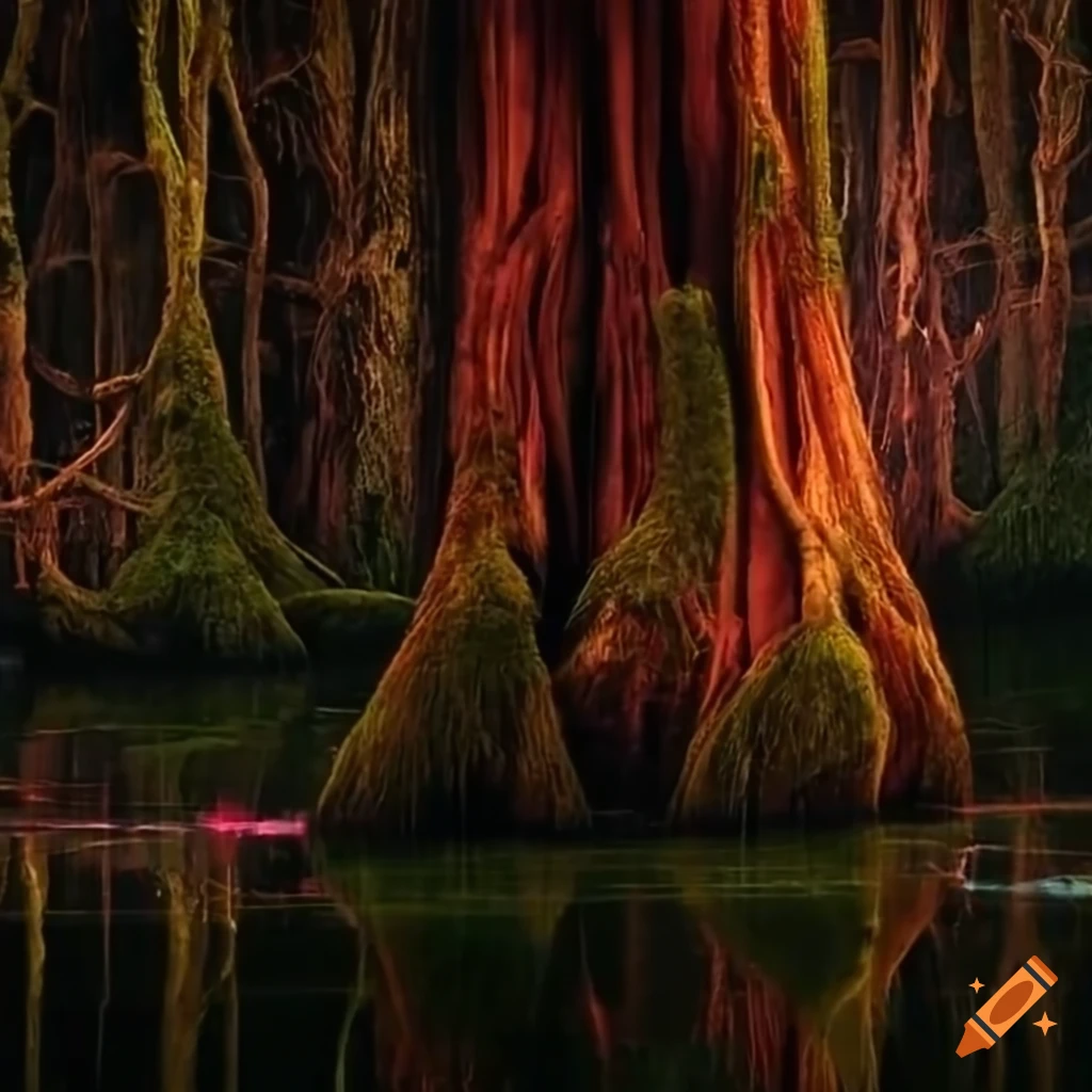 Mysterious red swamp with glowing roots and vines on Craiyon