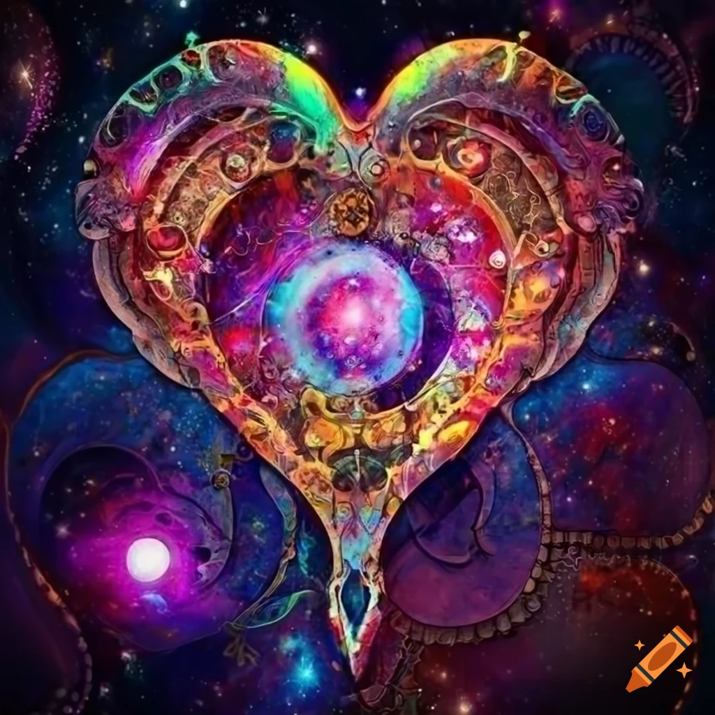 Steampunk style round badge with a heart on a cosmic background on Craiyon