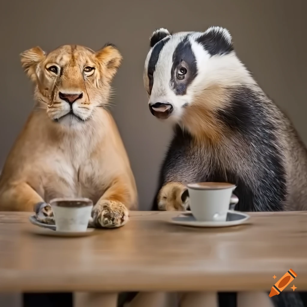 Anthropomorphic badger and lioness enjoying coffee together