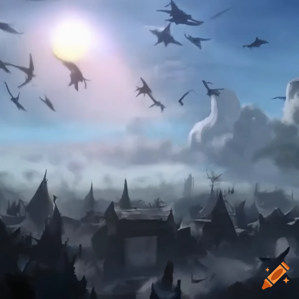 Image of a medieval battlefield with fallen warriors and crows flying ...