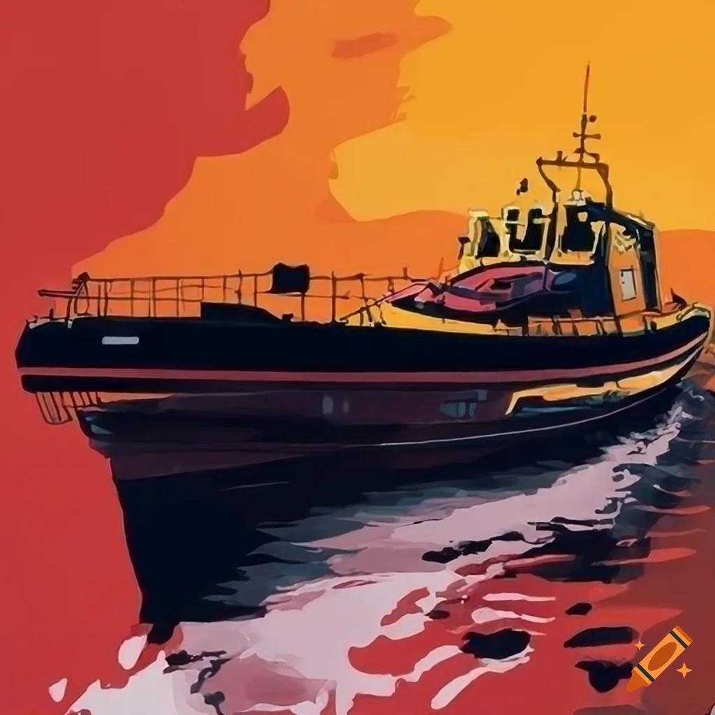 Mural art of a RNLI lifeboat in copper and black tones on Craiyon