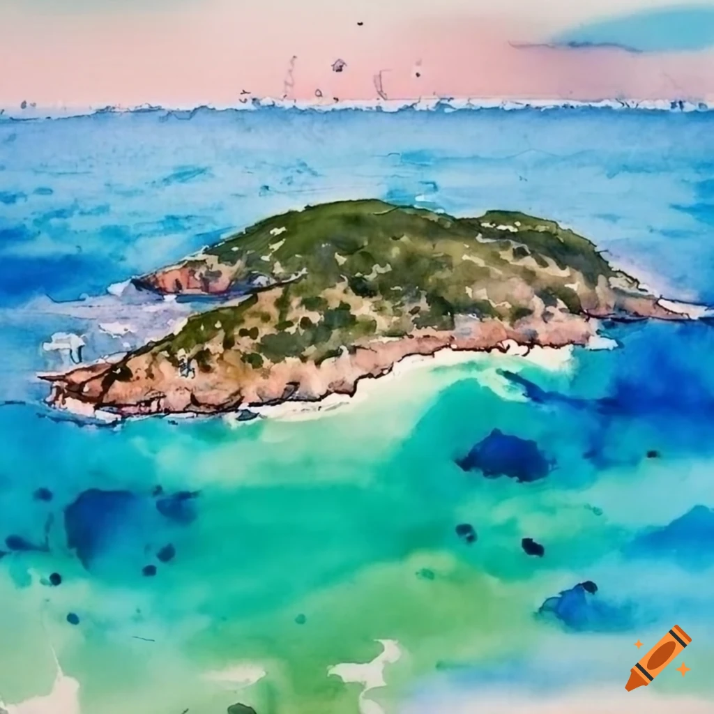 Watercolor realistic painting of ibiza from above