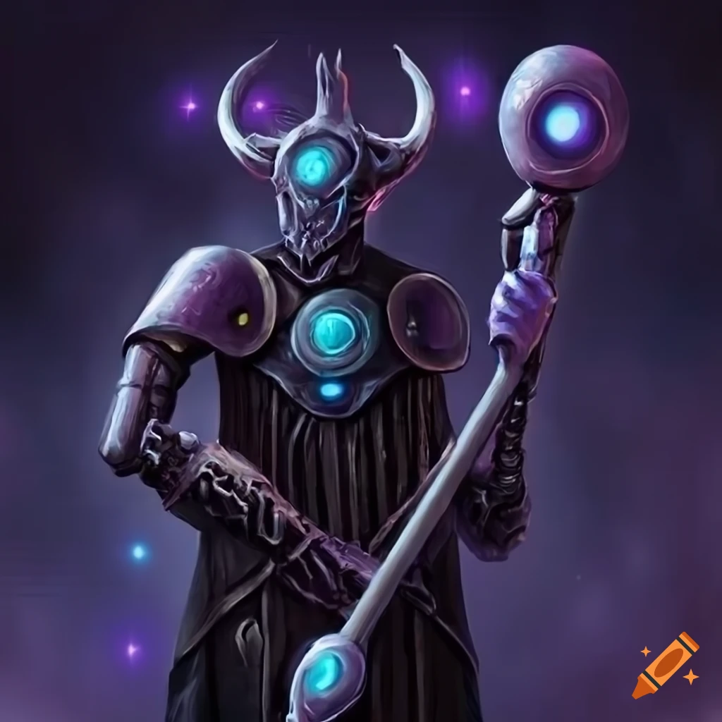 Cosmic robot scribe with staff for dungeons and dragons