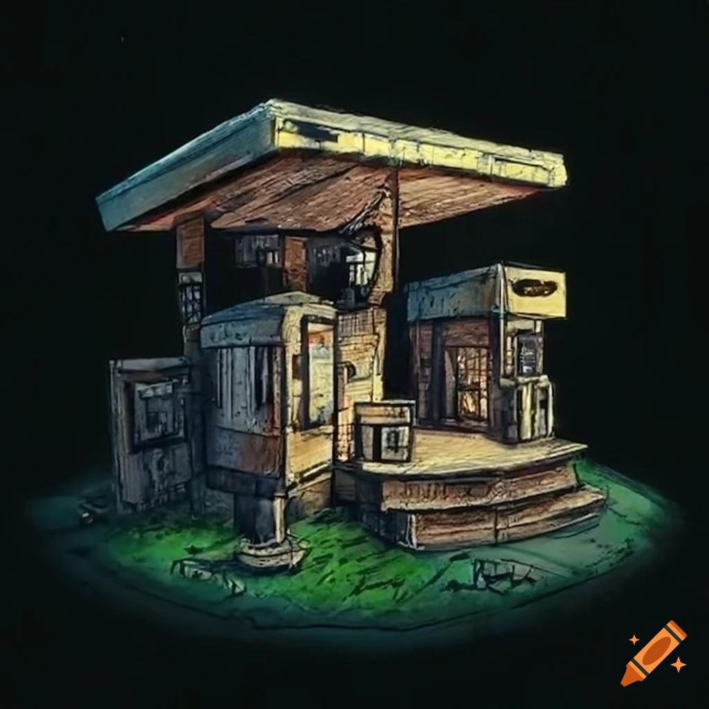 Post-apocalyptic survival base in a fortified gas station on Craiyon