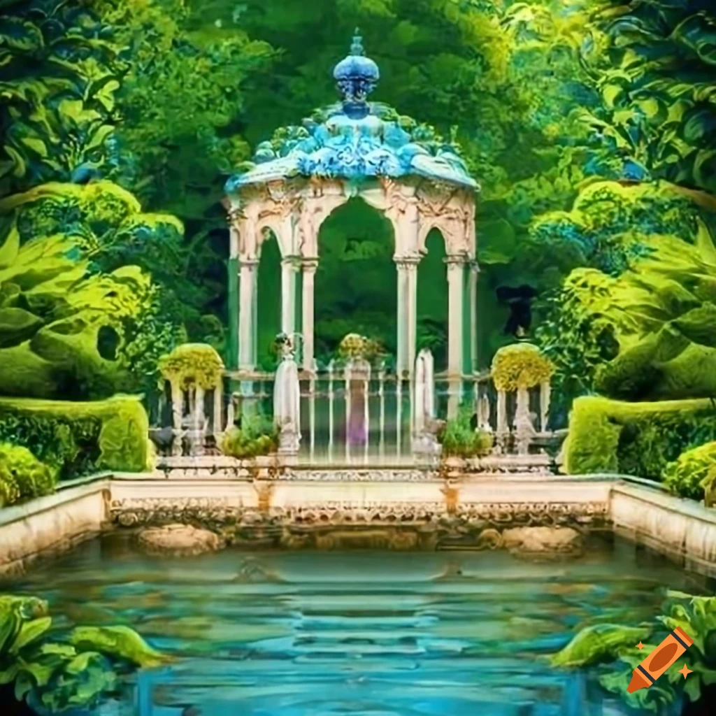 Islamic art inspired garden with a pond and gazebo on Craiyon