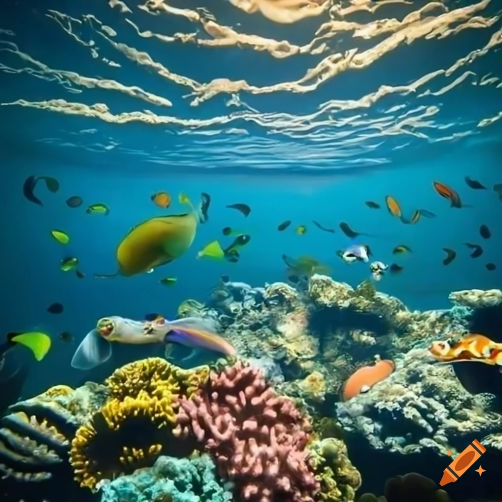 Colorful coral and fish in an ocean on Craiyon