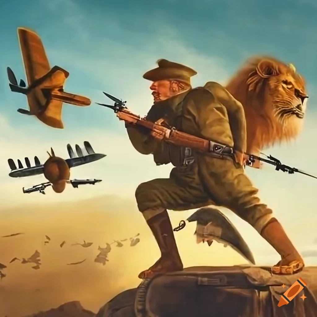 Lion fighting in a battlefield with soldiers and army planes on Craiyon
