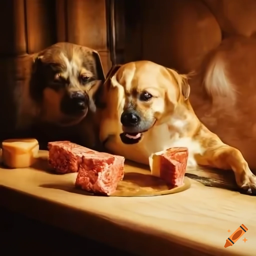 Dogs chasing cheese on a table on Craiyon