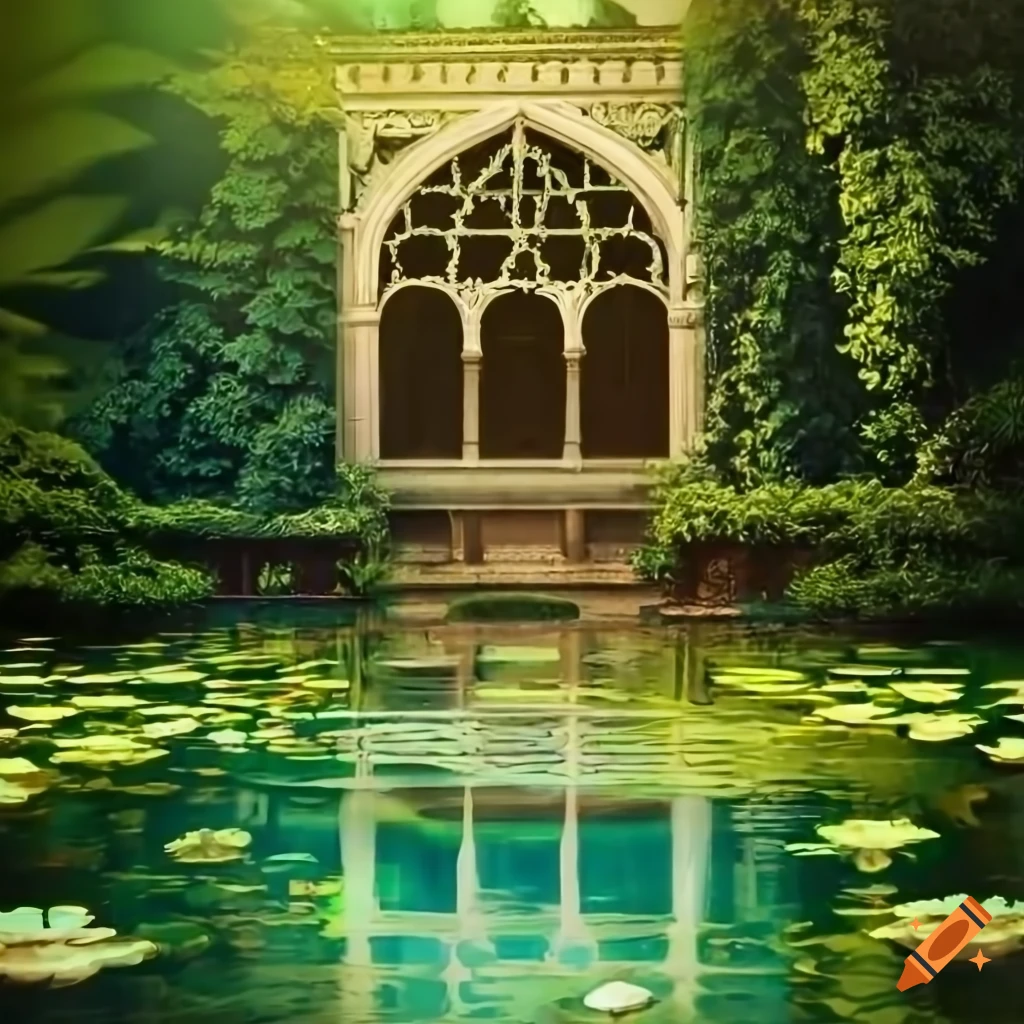 Garden with Islamic art and pond on Craiyon