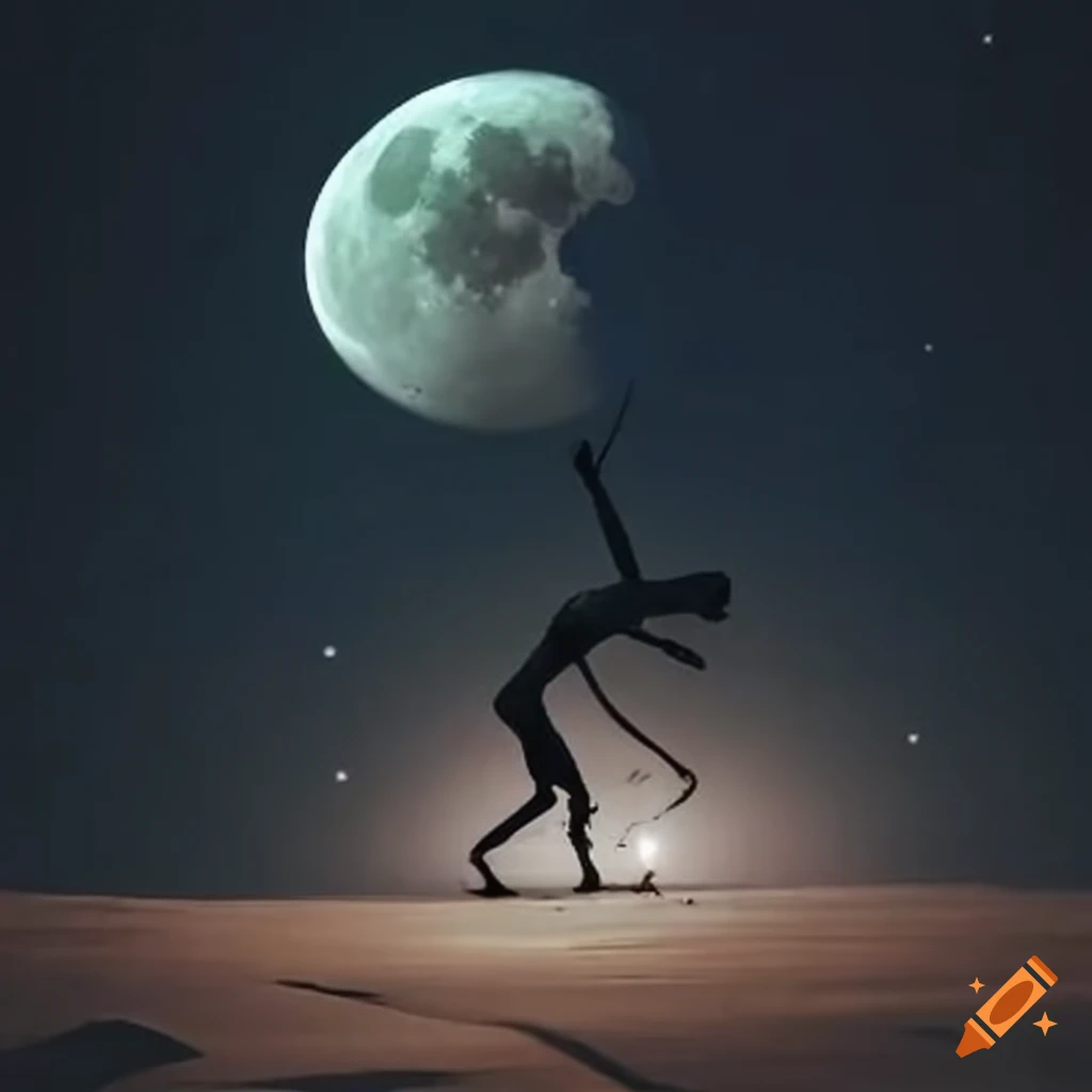 Tall creature with glowing eyes in moonlit landscape under starry sky ...