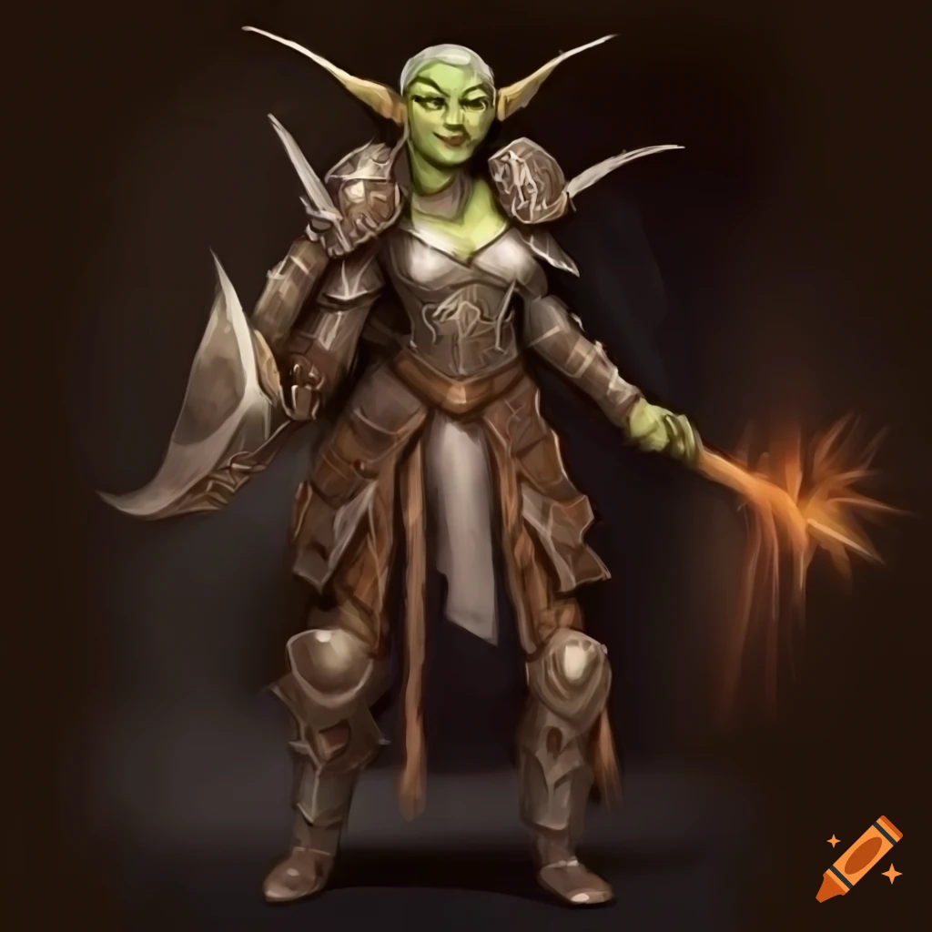 Illustration of a female goblin wizard in heavy armor