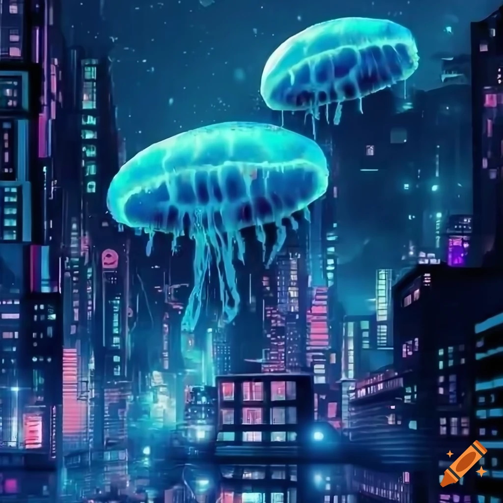 Cybernetically enhanced jellyfish attacking a futuristic city at night ...